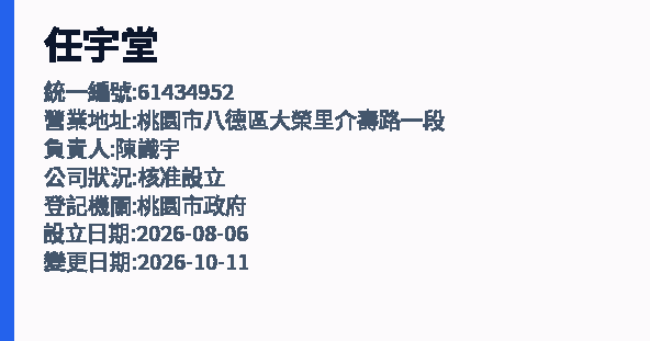 任宇堂的照片-統編 61434952(桃園市) 公司登記資料與營業項目詳細圖表