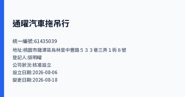 通曜汽車拖吊行的照片-統編 61435039(桃園市) 公司登記資料與營業項目詳細圖表