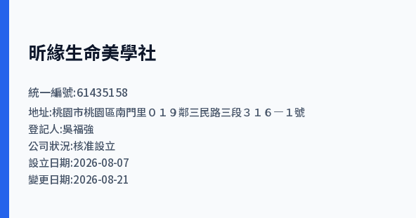 昕緣生命美學社的照片-統編 61435158(桃園市) 公司登記資料與營業項目詳細圖表
