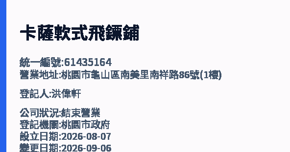 卡薩軟式飛鏢鋪的照片-統編 61435164(桃園市) 公司登記資料與營業項目詳細圖表