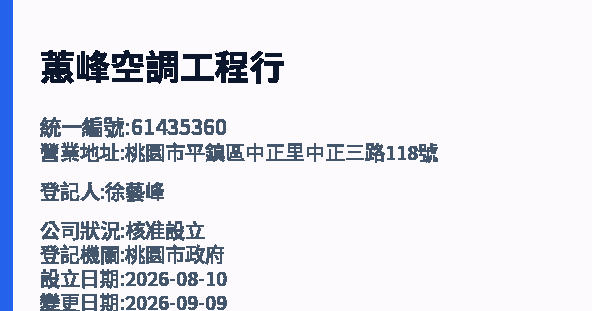 蕙峰空調工程行的照片-統編 61435360(桃園市) 公司登記資料與營業項目詳細圖表
