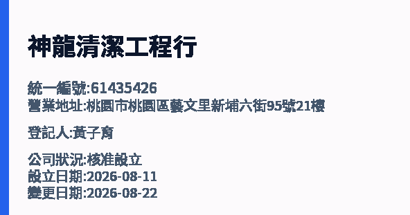 神龍清潔工程行的照片-統編 61435426(桃園市) 公司登記資料與營業項目詳細圖表