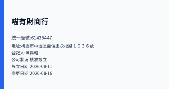 喵有財商行的照片-統編 61435447(桃園市) 公司登記資料與營業項目詳細圖表