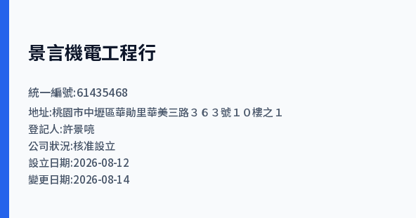 景言機電工程行的照片-統編 61435468(桃園市) 公司登記資料與營業項目詳細圖表