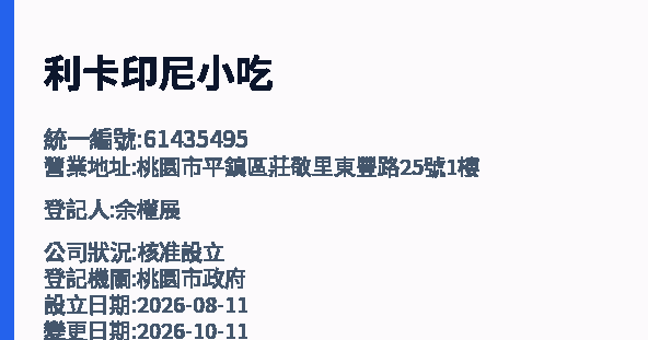 利卡印尼小吃的照片-統編 61435495(桃園市) 公司登記資料與營業項目詳細圖表
