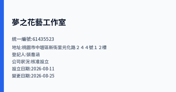 夢之花藝工作室的照片-統編 61435523(桃園市) 公司登記資料與營業項目詳細圖表