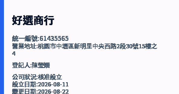 好選商行的照片-統編 61435565(桃園市) 公司登記資料與營業項目詳細圖表