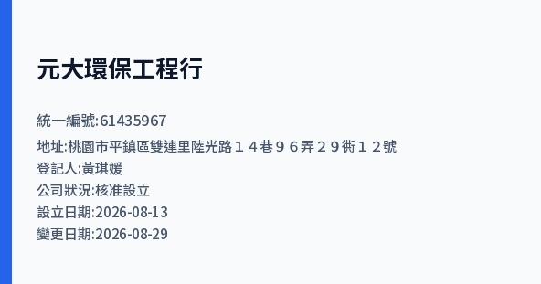 元大環保工程行的照片-統編 61435967(桃園市) 公司登記資料與營業項目詳細圖表