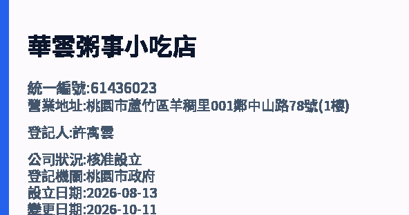 華雲粥事小吃店的照片-統編 61436023(桃園市) 公司登記資料與營業項目詳細圖表