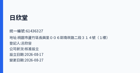 日欣堂的照片-統編 61436327(桃園市) 公司登記資料與營業項目詳細圖表