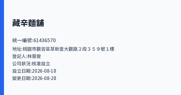 藏辛麵舖的照片-統編 61436570(桃園市) 公司登記資料與營業項目詳細圖表