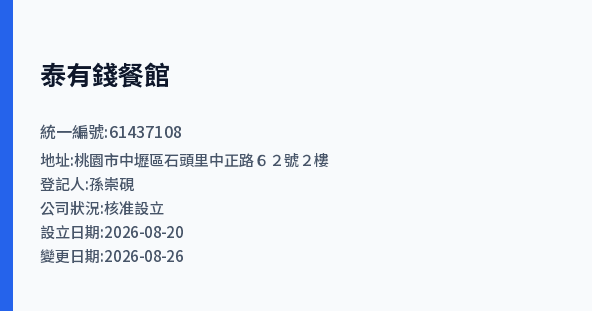 泰有錢餐館的照片-統編 61437108(桃園市) 公司登記資料與營業項目詳細圖表