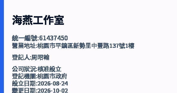 海燕工作室的照片-統編 61437450(桃園市) 公司登記資料與營業項目詳細圖表