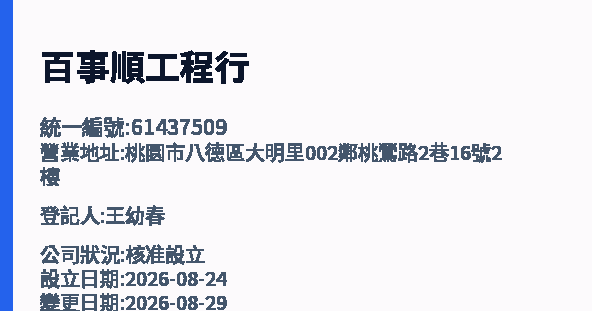 百事順工程行的照片-統編 61437509(桃園市) 公司登記資料與營業項目詳細圖表