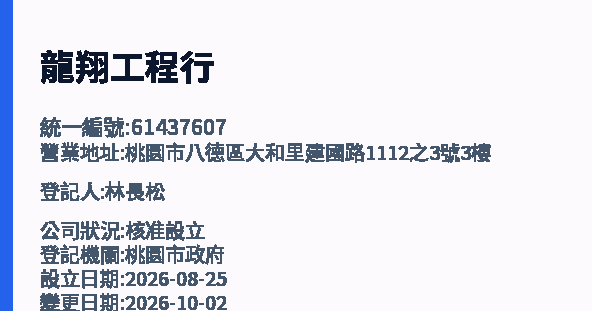 龍翔工程行的照片-統編 61437607(桃園市) 公司登記資料與營業項目詳細圖表