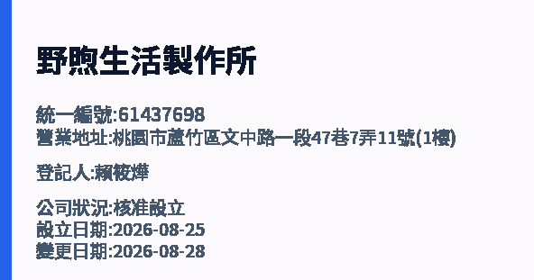 野煦生活製作所的照片-統編 61437698(桃園市) 公司登記資料與營業項目詳細圖表