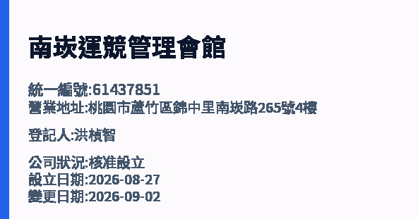 南崁運競管理會館的照片-統編 61437851(桃園市) 公司登記資料與營業項目詳細圖表