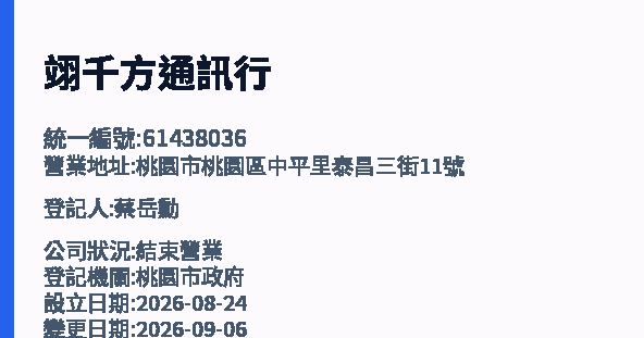 翊千方通訊行的照片-統編 61438036(桃園市) 公司登記資料與營業項目詳細圖表