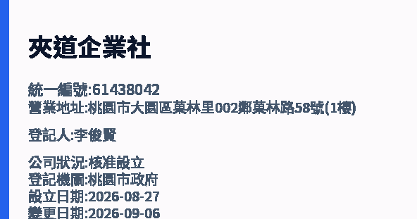 夾道企業社的照片-統編 61438042(桃園市) 公司登記資料與營業項目詳細圖表