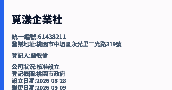 覓漾企業社的照片-統編 61438211(桃園市) 公司登記資料與營業項目詳細圖表