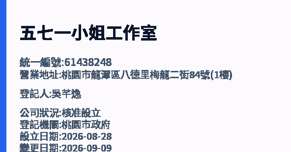 五七一小姐工作室的照片-統編 61438248(桃園市) 公司登記資料與營業項目詳細圖表