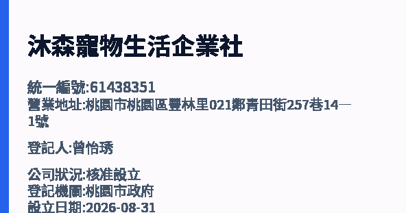 沐森寵物生活企業社的照片-統編 61438351(桃園市) 公司登記資料與營業項目詳細圖表