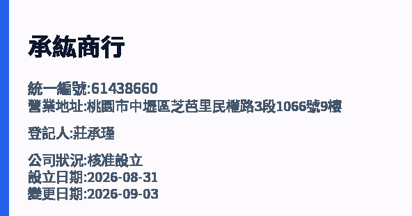 承紘商行的照片-統編 61438660(桃園市) 公司登記資料與營業項目詳細圖表
