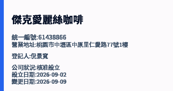 傑克愛麗絲咖啡的照片-統編 61438866(桃園市) 公司登記資料與營業項目詳細圖表