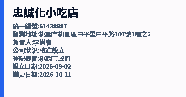 忠誠化小吃店的照片-統編 61438887(桃園市) 公司登記資料與營業項目詳細圖表