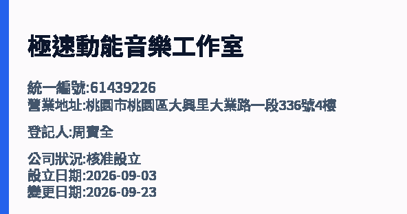 極速動能音樂工作室的照片-統編 61439226(桃園市) 公司登記資料與營業項目詳細圖表