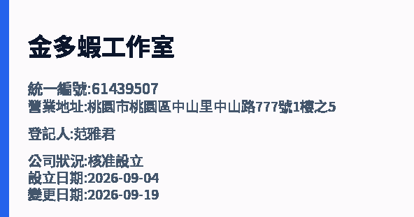 金多蝦工作室的照片-統編 61439507(桃園市) 公司登記資料與營業項目詳細圖表
