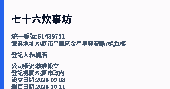 七十六炊事坊的照片-統編 61439751(桃園市) 公司登記資料與營業項目詳細圖表