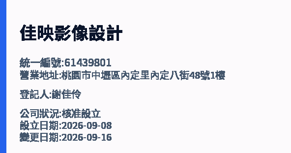 佳映影像設計的照片-統編 61439801(桃園市) 公司登記資料與營業項目詳細圖表