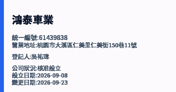 鴻泰車業的照片-統編 61439838(桃園市) 公司登記資料與營業項目詳細圖表