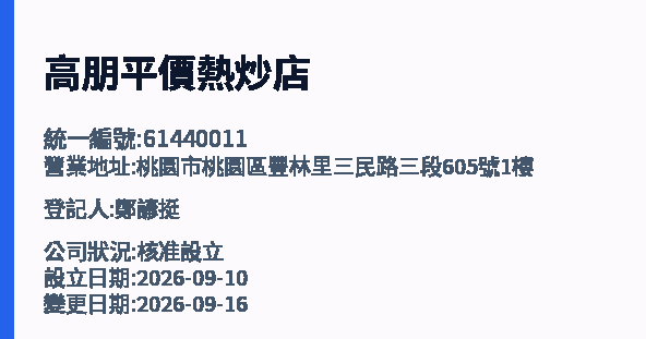 高朋平價熱炒店的照片-統編 61440011(桃園市) 公司登記資料與營業項目詳細圖表