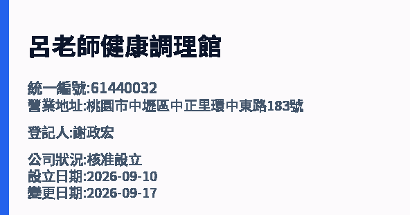 呂老師健康調理館的照片-統編 61440032(桃園市) 公司登記資料與營業項目詳細圖表
