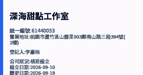 深海甜點工作室的照片-統編 61440053(桃園市) 公司登記資料與營業項目詳細圖表