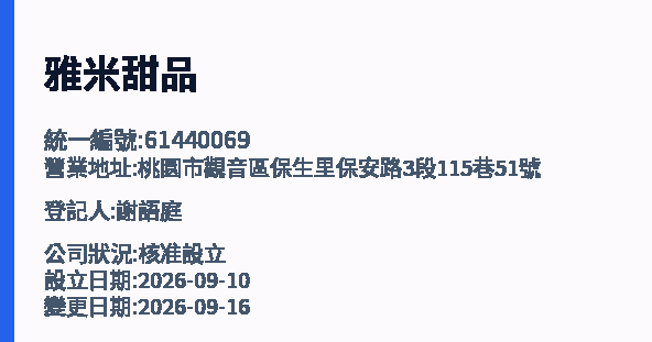 雅米甜品的照片-統編 61440069(桃園市) 公司登記資料與營業項目詳細圖表
