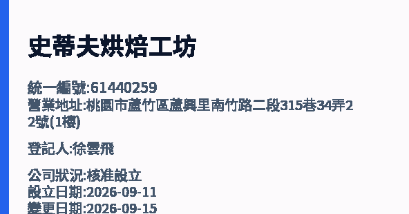史蒂夫烘焙工坊的照片-統編 61440259(桃園市) 公司登記資料與營業項目詳細圖表