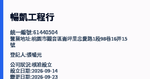暢凱工程行的照片-統編 61440504(桃園市) 公司登記資料與營業項目詳細圖表