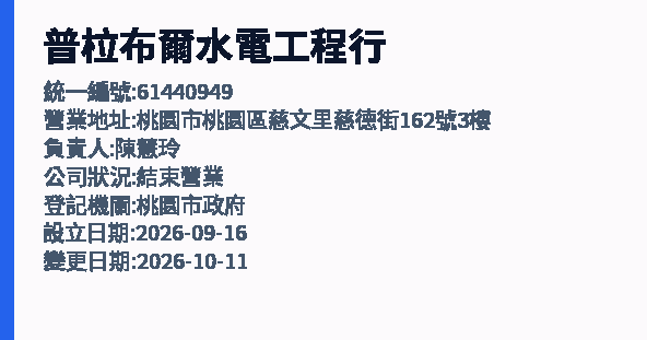 普柆布爾水電工程行的照片-統編 61440949(桃園市) 公司登記資料與營業項目詳細圖表