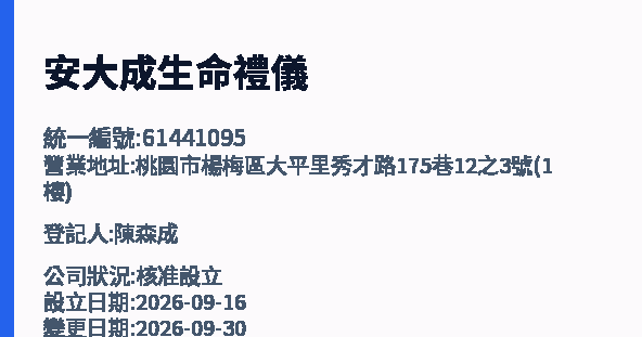 安大成生命禮儀的照片-統編 61441095(桃園市) 公司登記資料與營業項目詳細圖表