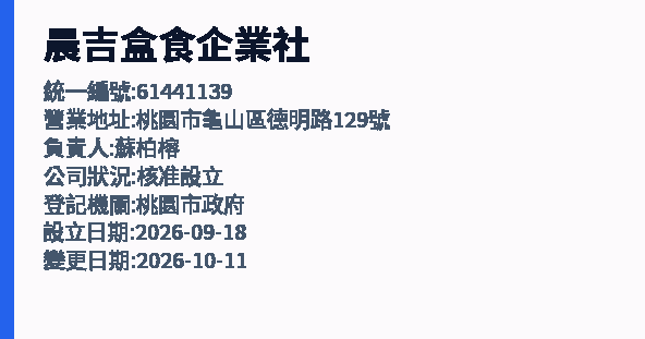 晨吉盒食企業社的照片-統編 61441139(桃園市) 公司登記資料與營業項目詳細圖表
