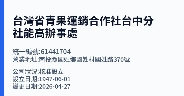 台灣省青果運銷合作社台中分社能高辦事處的照片-統編 61441704(南投縣) 公司登記資料與營業項目詳細圖表