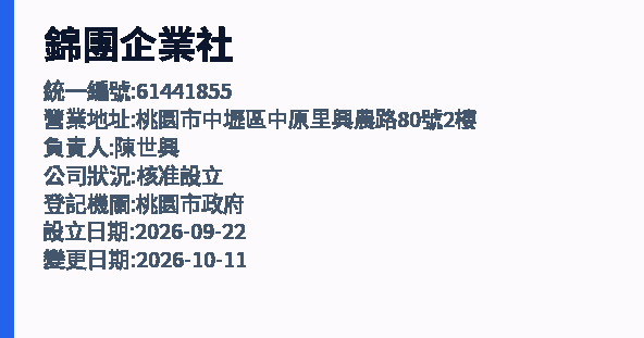 錦團企業社的照片-統編 61441855(桃園市) 公司登記資料與營業項目詳細圖表