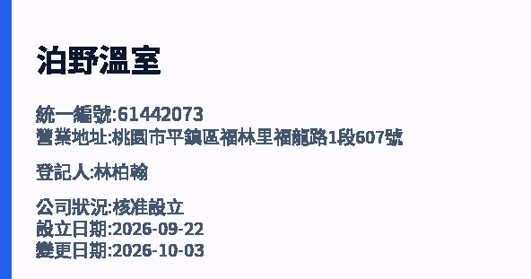 泊野溫室的照片-統編 61442073(桃園市) 公司登記資料與營業項目詳細圖表