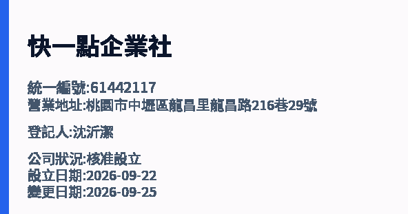 快一點企業社的照片-統編 61442117(桃園市) 公司登記資料與營業項目詳細圖表