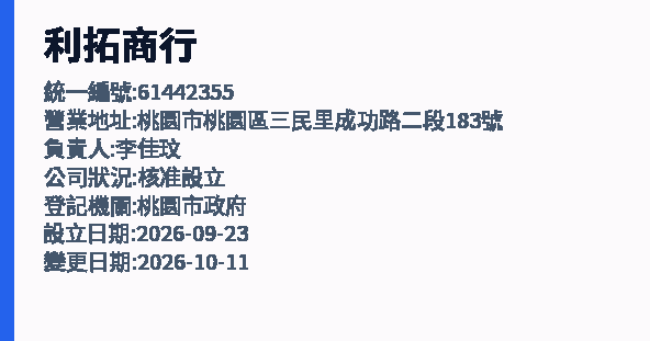 利拓商行的照片-統編 61442355(桃園市) 公司登記資料與營業項目詳細圖表
