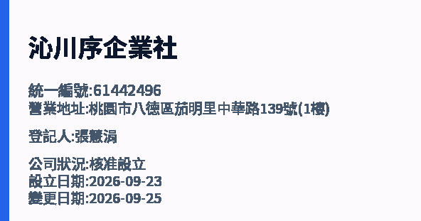 沁川序企業社的照片-統編 61442496(桃園市) 公司登記資料與營業項目詳細圖表