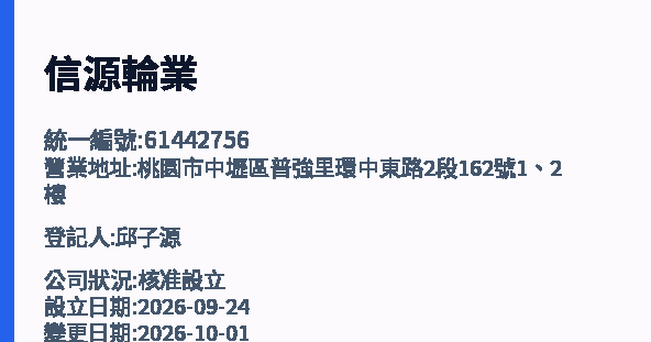 信源輪業的照片-統編 61442756(桃園市) 公司登記資料與營業項目詳細圖表